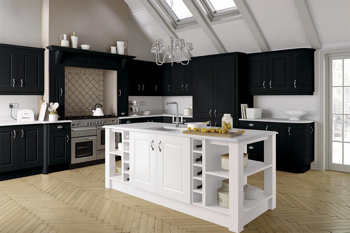 Helmsley Black Traditional Kitchen with a White Island Feature.