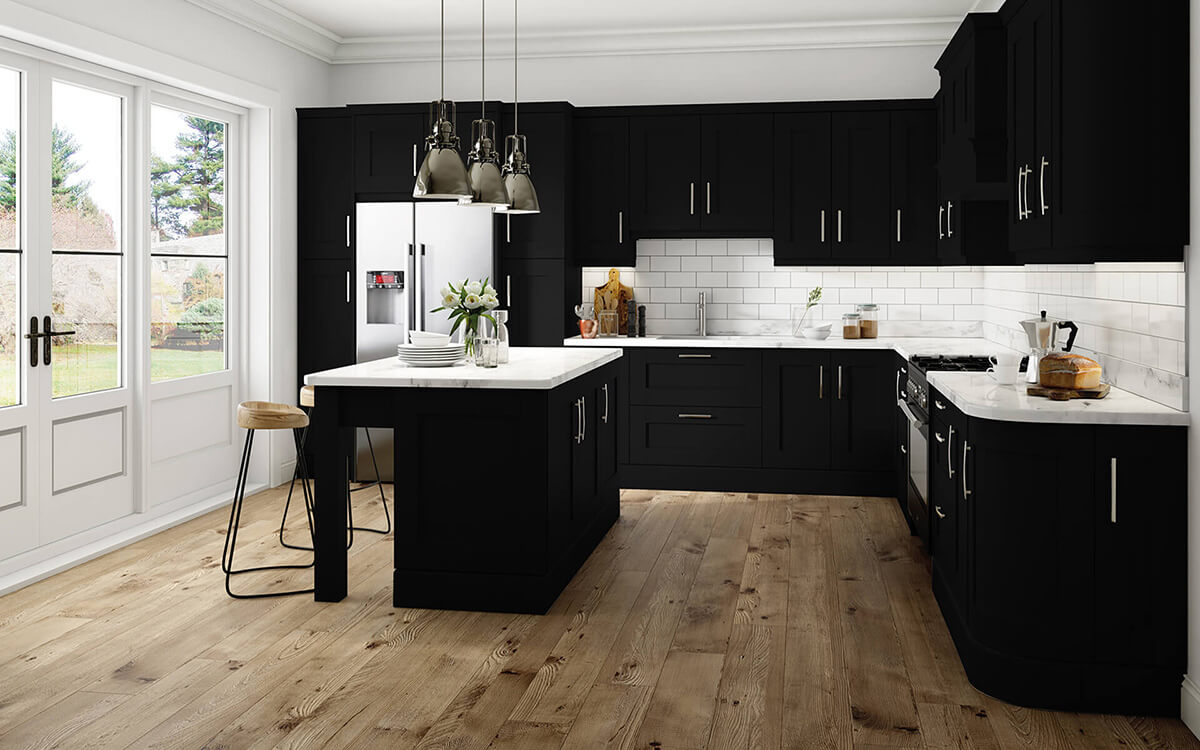 Black Kitchen with White and Light Surroundings.