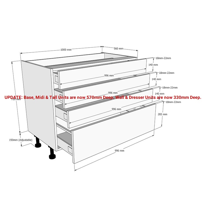 1000mm 3+1 Pan Drawer Base Unit