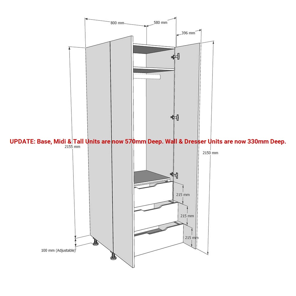 800mm 3 x Internal Drawer & Single Hanging Robe