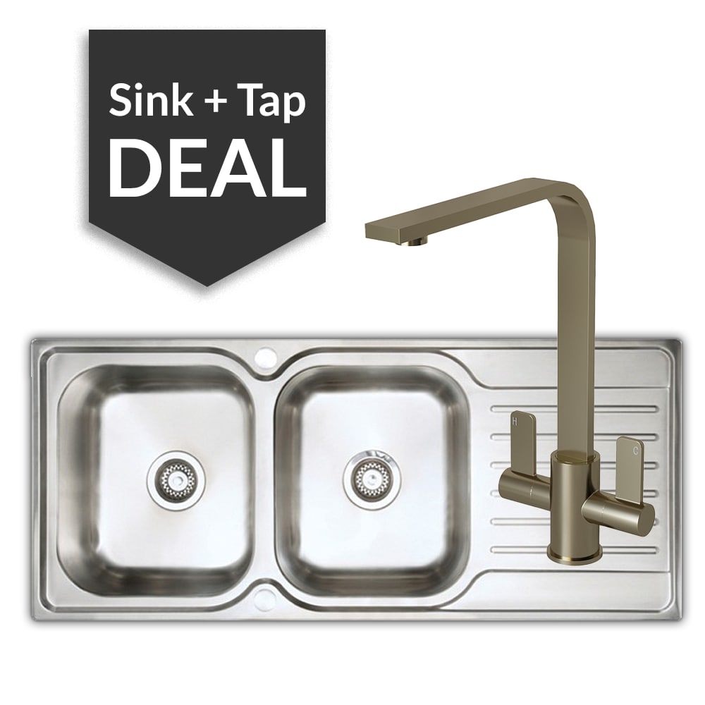 Premium Stainless Steel 2 Bowl Sink & Mesa Brushed Steel Tap Pack ...